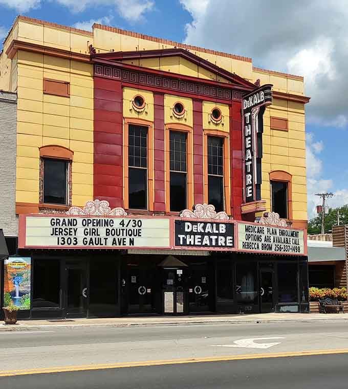The DeKalb Theatre's vibrant facade promises entertainment without subscription fees—a splash of cultural color in a town that values both tradition and joy.