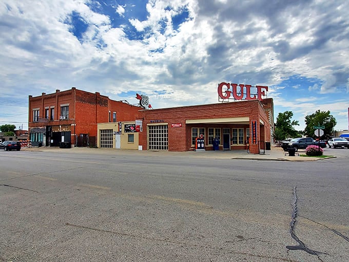 This historic Gulf station along Route 66 stands as a preserved reminder of Sapulpa's connection to America's most famous highway.