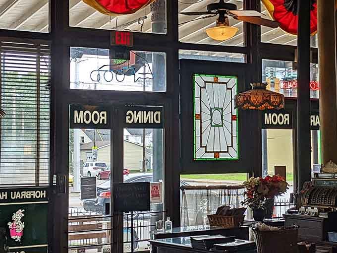 Stained glass and vintage charm remind you that great restaurants are built on character, not corporate cookie-cutter design.