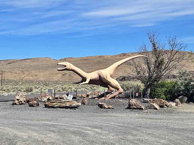 Even the dinosaur statue knows this place is special, standing guard over treasures that predate its own extinction event.