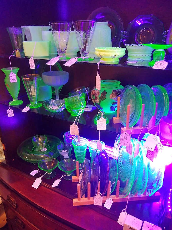 Glowing under black light, this Depression glass collection transforms ordinary shelves into an otherworldly treasure chest of color.