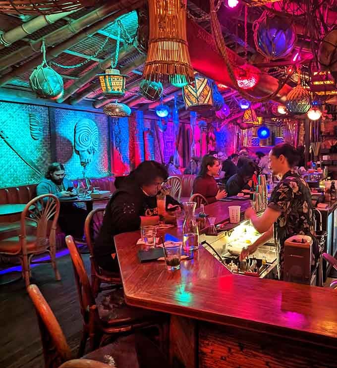 The vibrant lighting transforms every table into its own little island of tropical happiness and good times.