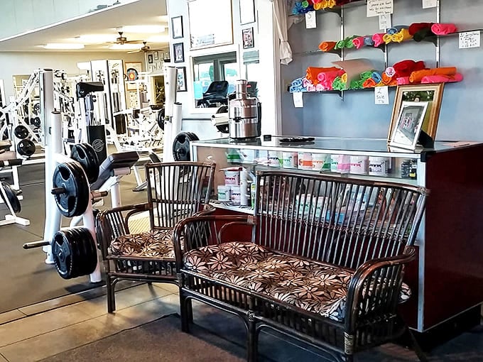 At Healthworks' Gym, vintage seating meets modern equipment &ndash; where getting fit doesn't require fitting an expensive gym into your retirement budget.