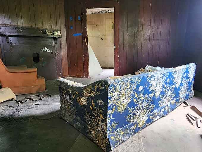 That abandoned couch has seen better decades, now serving as an accidental art installation in faded floral glory.