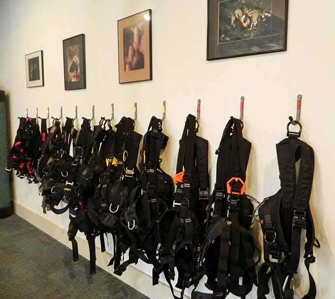 Serious caving equipment lines the walls, reminding visitors that some folks take their underground adventures to truly extreme levels.