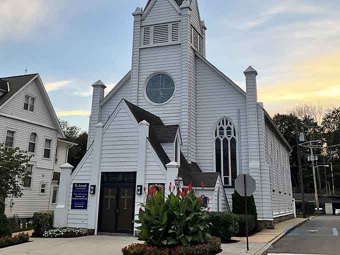 White clapboard steeple reaches skyward, the kind of church that's anchored communities since before your grandparents were born.