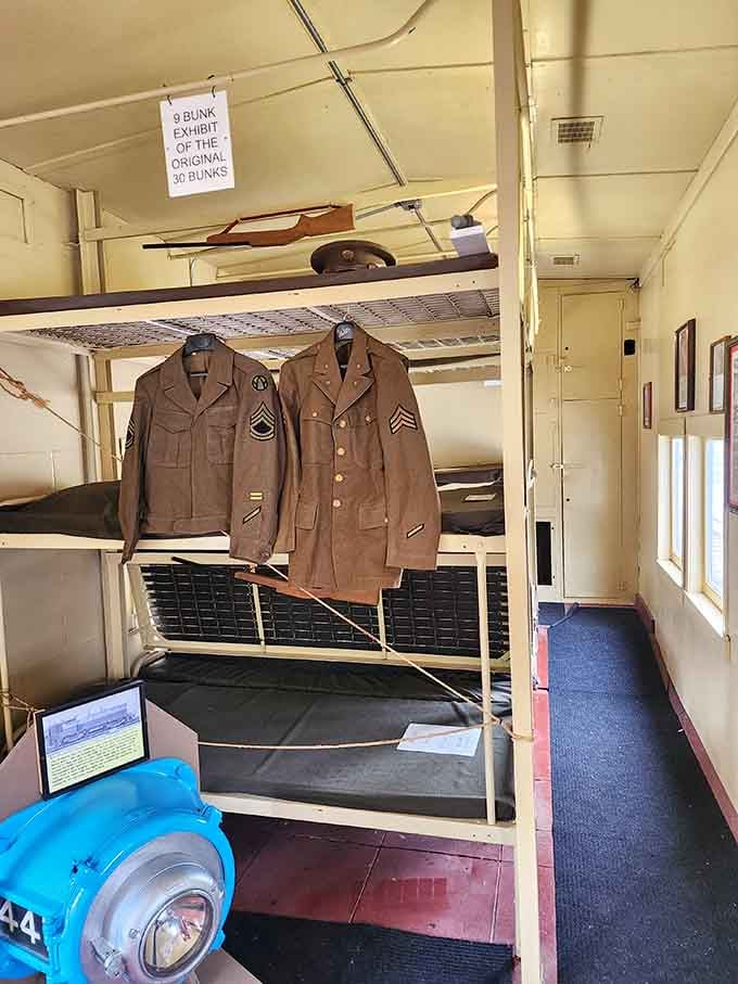 Step inside this military transport car and glimpse how our servicemen traveled, with uniform displays and bunks that tell stories of journeys past.