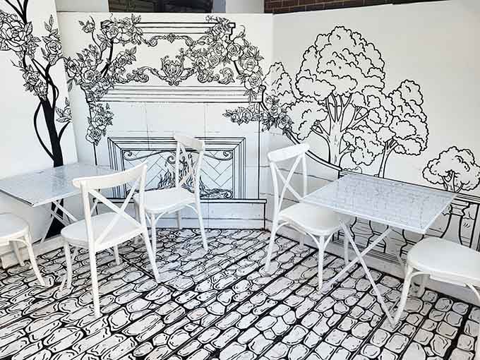 Every table offers a different illustrated backdrop, making seat selection an unexpectedly important decision for your dining experience.