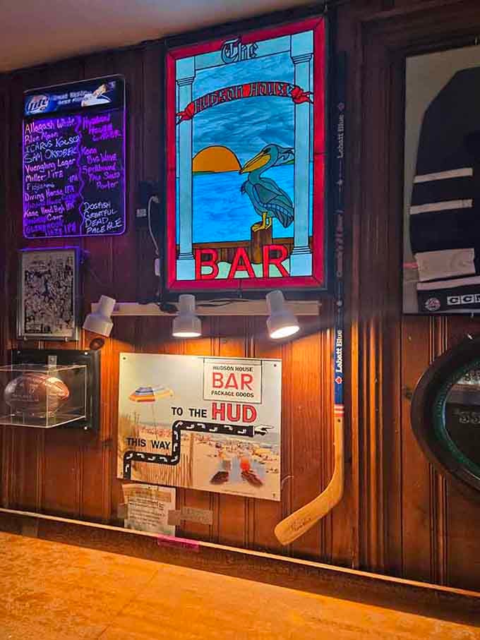 Wall decor that tells stories without saying a word, accumulated over years of good times and cold beers.