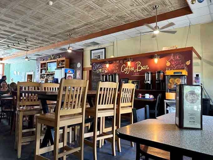 The coffee bar beckons with promises of caffeine and the kind of morning magic that makes everything seem possible.