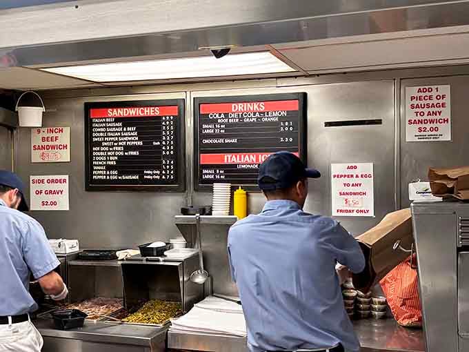 Watch the masters at work through those windows, where every sandwich is assembled with practiced precision and care.
