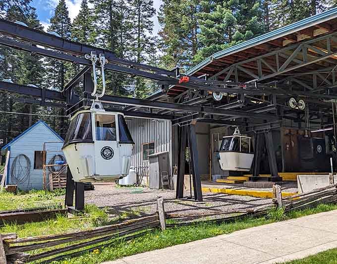 The tramway gondolas waiting to whisk you 3,700 feet up, because apparently some views require a little mechanical assistance.