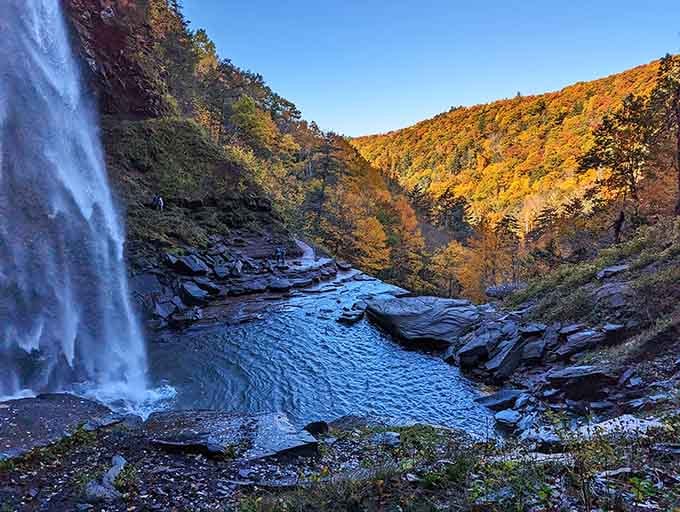 Sunlight catches the mist just right, creating nature's own special effects show at the cliff base.