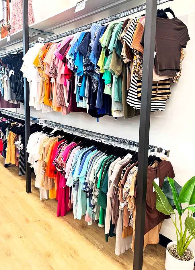 A rainbow of tops organized with military precision. Finding your perfect t-shirt here is like striking fashion gold without mining your savings.