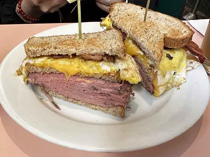 That Reuben sandwich is stacked so high you'll need an engineering degree to figure out the proper eating angle.