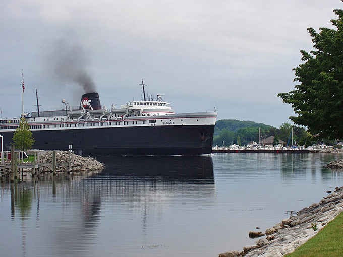 The S.S. Badger steaming into port like a time traveler from 1953 that forgot to go back home.