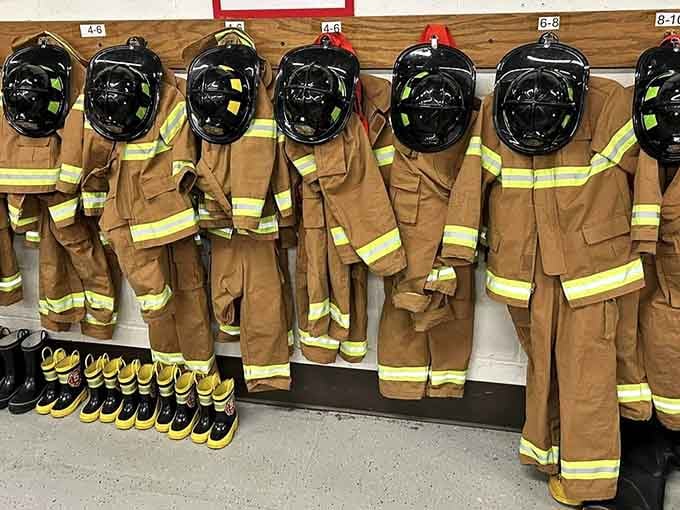 These turnout suits hang ready like soldiers awaiting deployment, their reflective stripes catching light with quiet dignity.