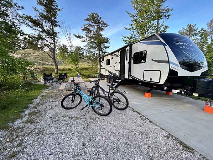 RV camping done right, with spacious sites where your biggest decision is which bike trail to explore first.