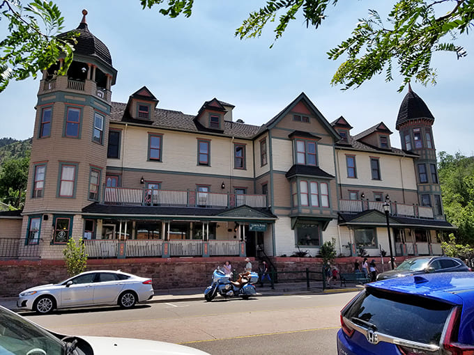 Historic spa buildings hint at Manitou's healing spring heritage, when people traveled far seeking mineral water cures.