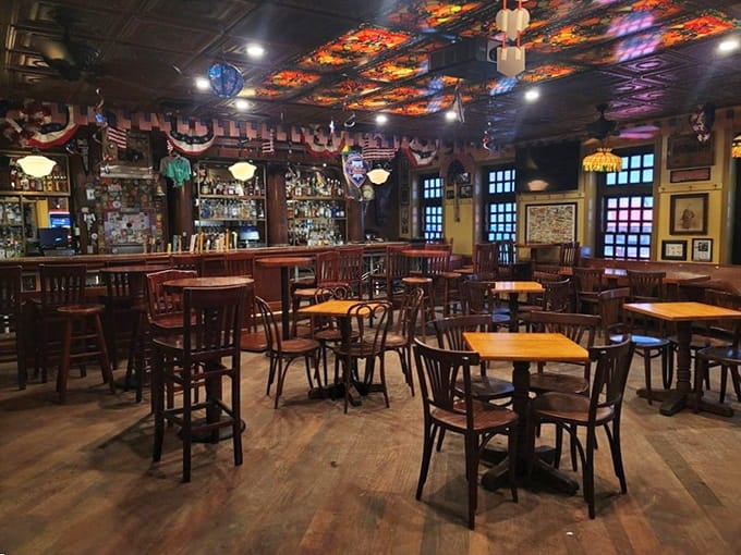 The upstairs dining room draped in Eagles pride, where sports history and tavern history collide in the best possible way.
