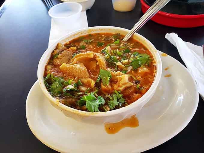 Menudo loaded with hominy and tripe, the traditional hangover cure that's been trusted for generations of Texans.