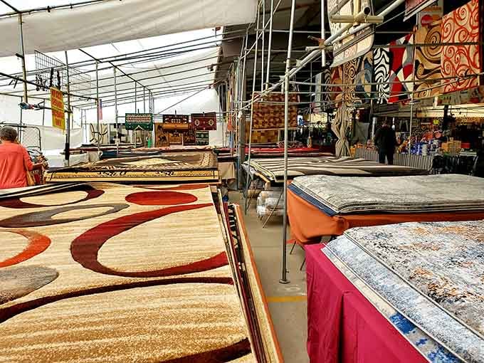 Area rugs in every pattern imaginable spread out like a textile rainbow waiting to warm your floors.