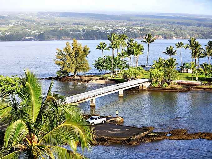 This footbridge to Coconut Island (Mokuola) leads to what locals know is the perfect picnic spot in all of East Hawaii.
