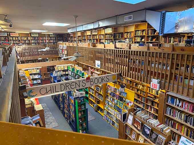The children's section sprawls below with colorful shelves, proving that creating young readers requires space, selection, and maybe some bright paint.