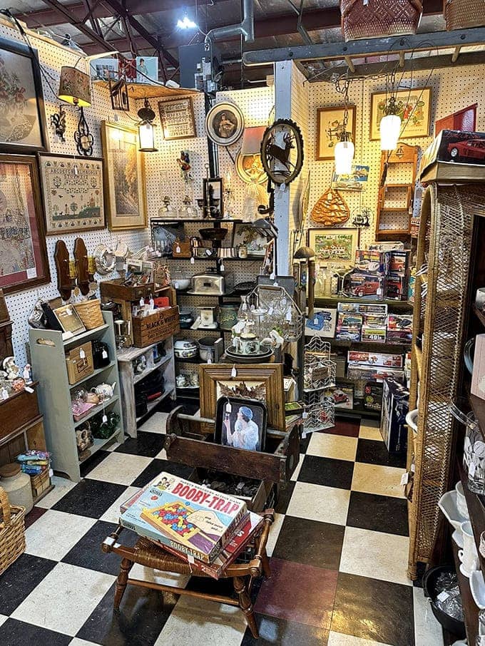 Colorful glass figurines and vintage ceramics create a rainbow of nostalgia that grandma would absolutely approve of.