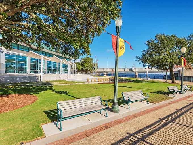 The Riverfront Convention Center manages to look modern without making its historic neighbors feel self-conscious about their age.