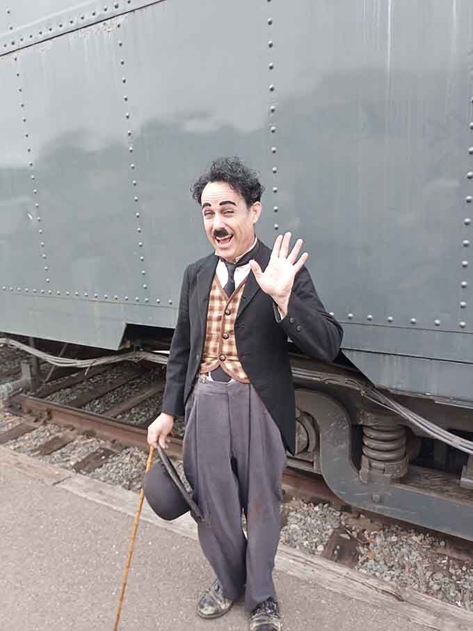 Special events sometimes bring costumed characters who really commit to the vintage vibe, bowler hat and all.