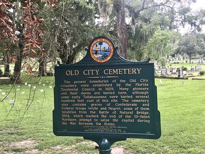 Historical markers tell the official story, filling in details that weathered headstones can no longer share clearly.