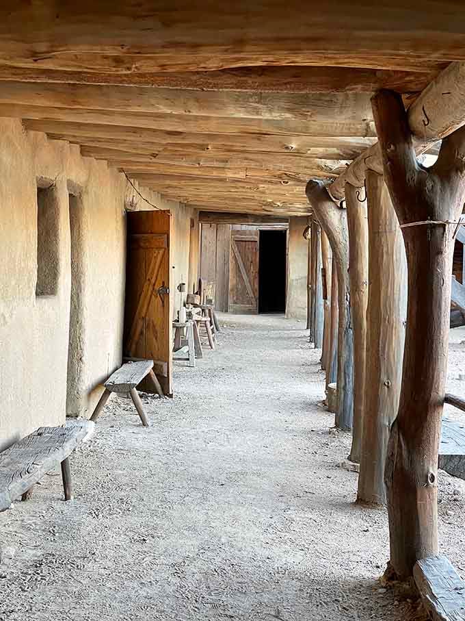 These covered walkways provided essential shade and shelter, proving that even frontier architects understood the value of good design and comfort.