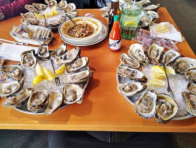 Raw oysters on ice platters that would make any oyster lover weep tears of joy into their cocktail sauce.