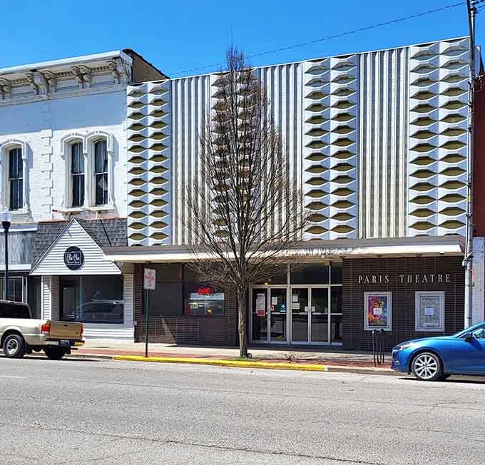 The Paris Theatre's mid-century facade proves that not all architectural experiments need to make complete sense.