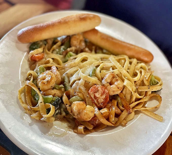 Pasta Primavera with shrimp proves Pelican's isn't just about steaks and fried seafood &ndash; those tender noodles and plump shrimp create a perfect harmony.