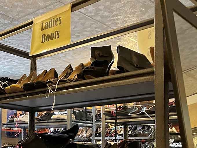 Ladies' boots line up like soldiers ready for deployment, each pair with its own story and its own next adventure ahead.