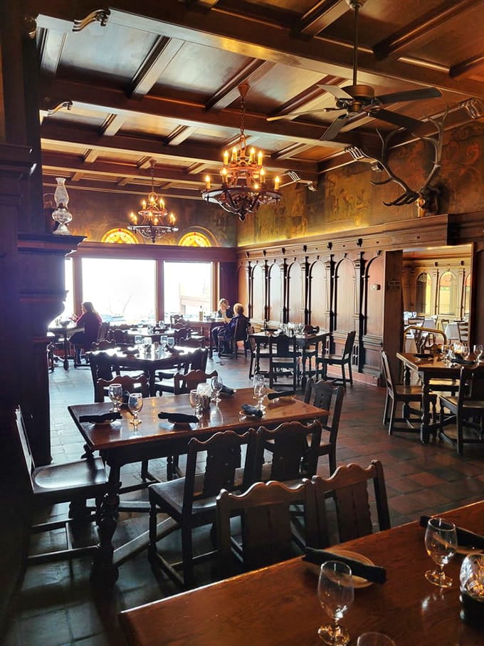 Coffered ceilings and wrought-iron chandeliers transport you to a European dining hall without leaving Lake Superior's shores.
