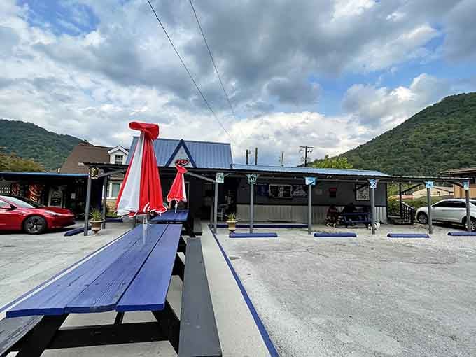 Outdoor seating with mountain views beats any fancy restaurant patio you've ever tried to get into.