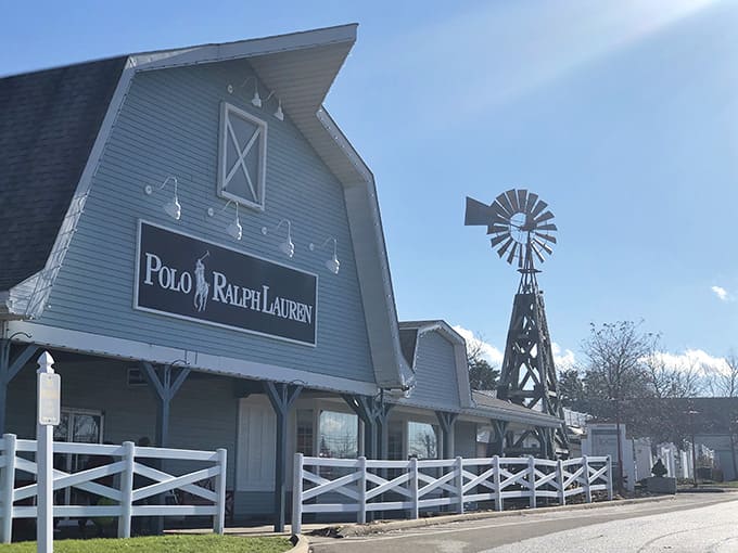 The Polo Ralph Lauren barn-style building complete with windmill makes preppy shopping feel like a countryside adventure somehow.