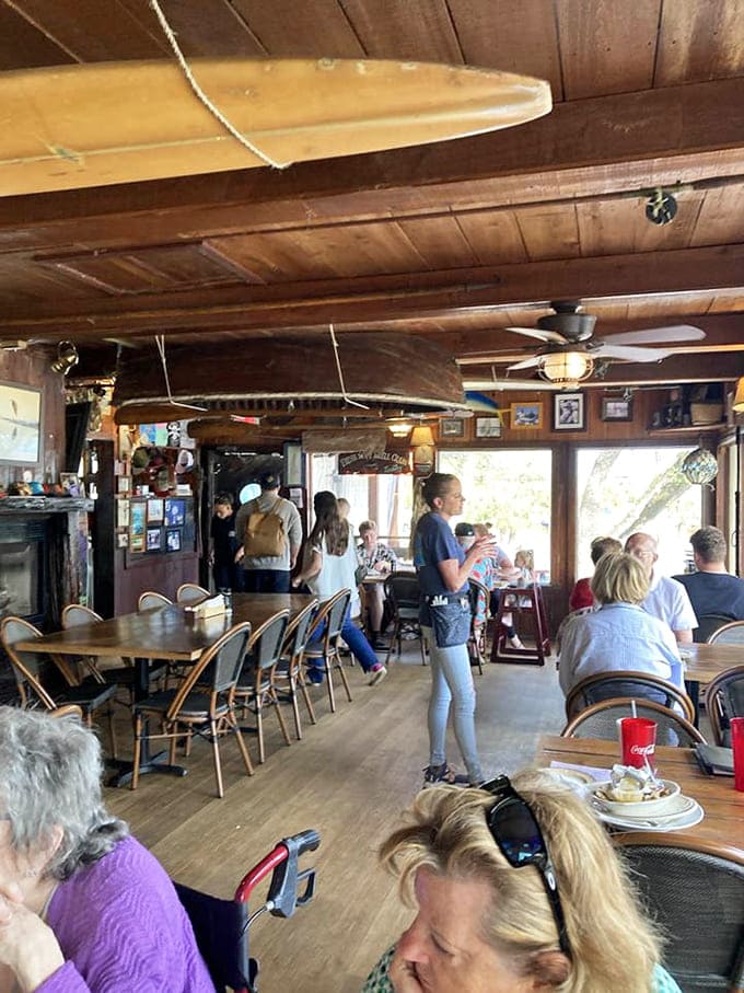 Vintage fishing lures and a canoe overhead remind you that this place takes its coastal heritage seriously.