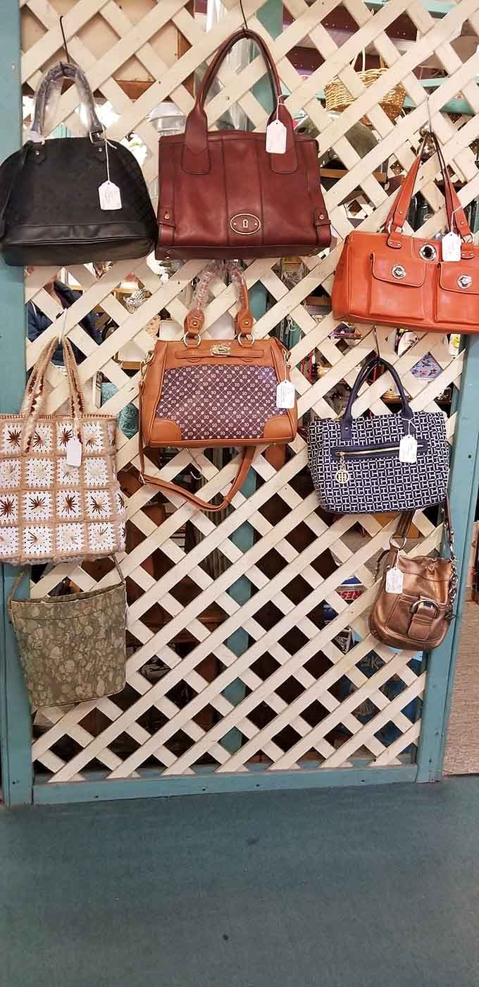 Vintage handbags displayed on lattice prove that great style never goes out of fashion, it just waits patiently.
