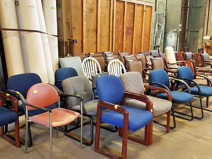 Office chairs in every color proving that even seating can have an identity crisis—professional or playful, you decide.