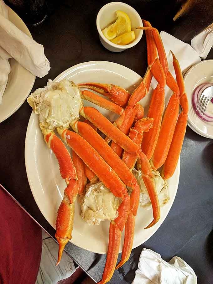 Snow crab legs arranged like a seafood sunburst&mdash;proof that landlocked Arkansas knows its way around ocean treasures too.