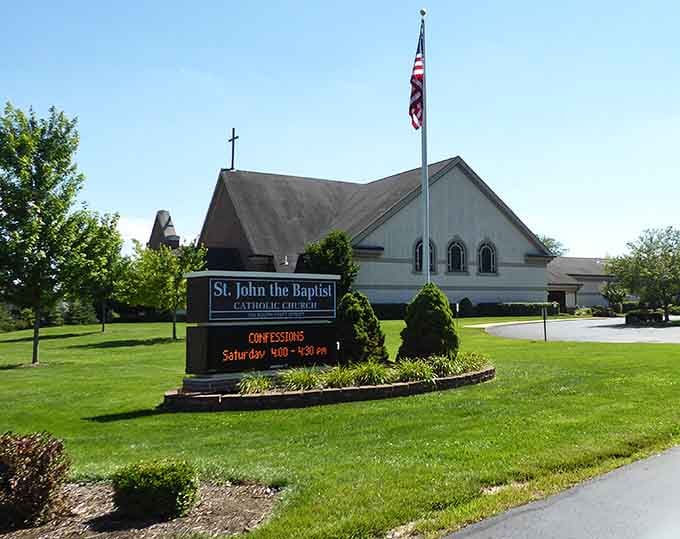 Community church with landscaping so pristine it makes your own yard look like a before picture on home improvement shows.