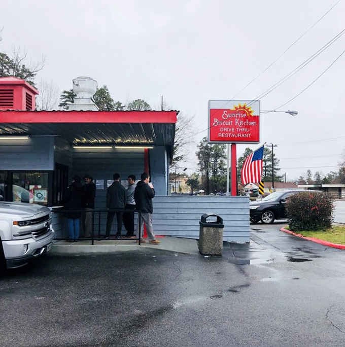 Rain or shine, the faithful gather for their morning ritual of carbohydrate worship and caffeinated devotion.