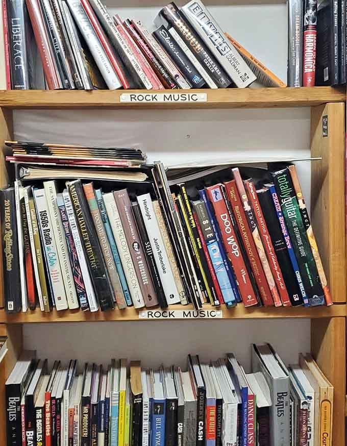 Rock music books crammed together tighter than fans at a stadium concert, minus the overpriced tickets.