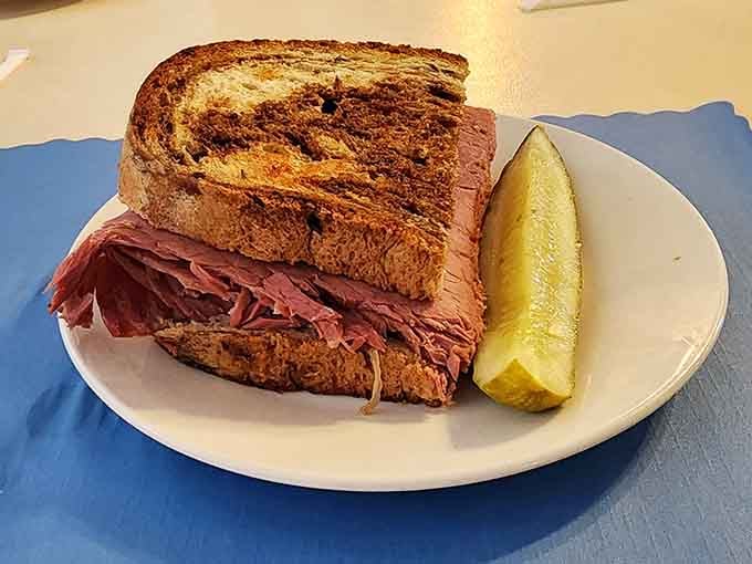 Marble rye cradling corned beef perfection, this Reuben could make a New Yorker weep with joy.