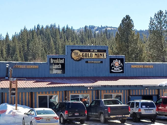 The Gold Mine Grill promises three squares a day against a backdrop of pines, proving frontier comfort food never goes out of style.