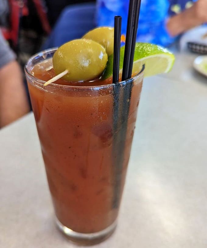That Bloody Mary's got enough garnish to qualify as both drink and appetizer at the same time.